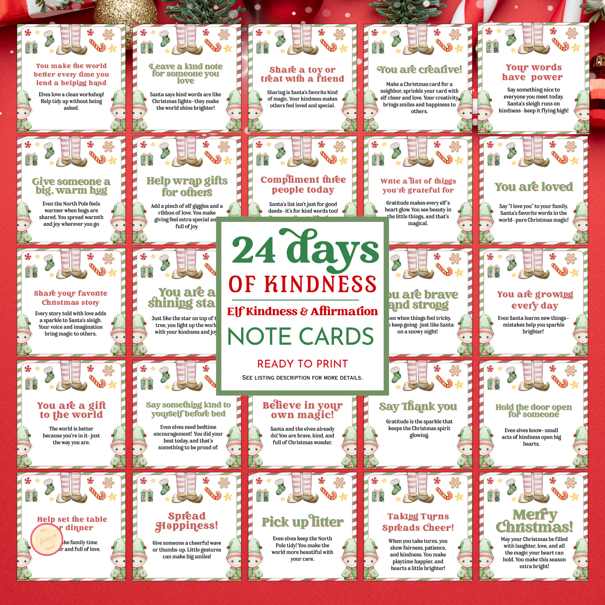 24 Days of Elf Kindness Note Cards | Printable Affirmations ...