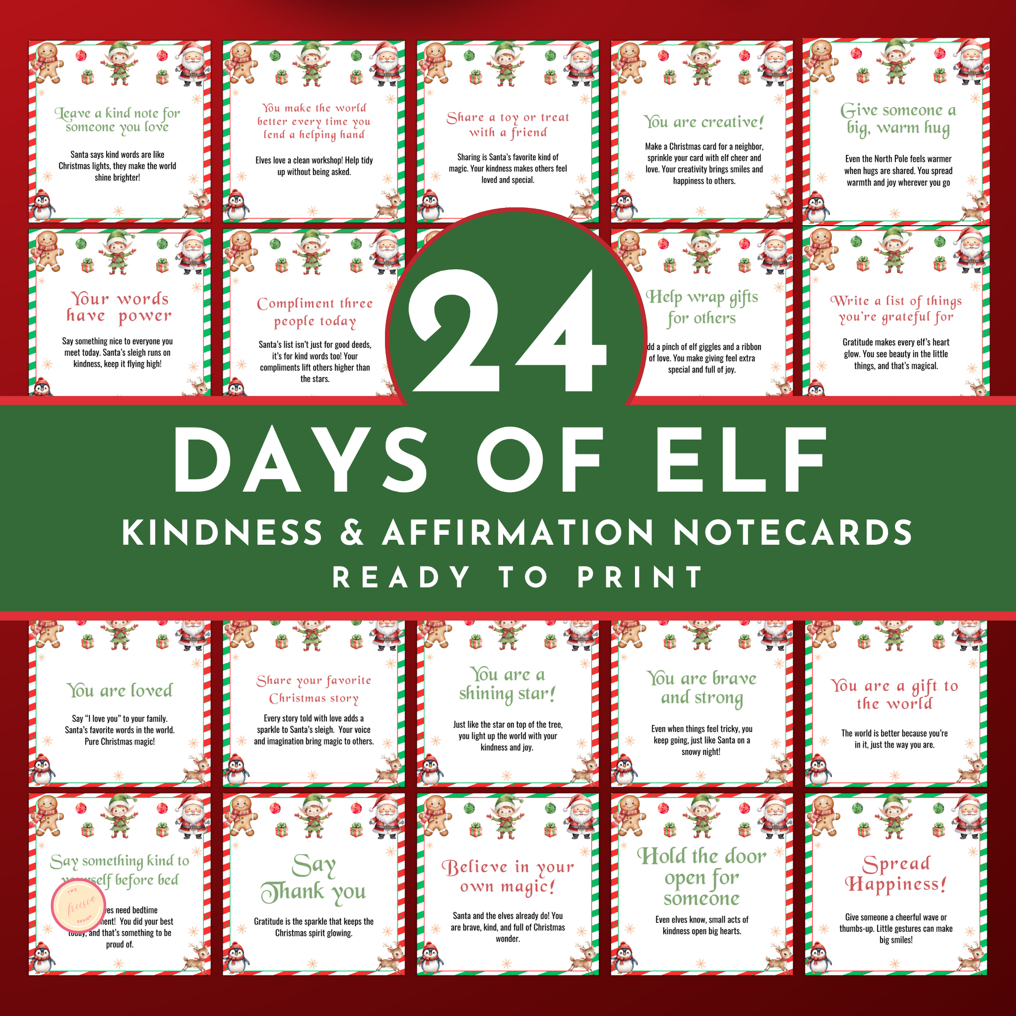 24 Days of Elf Kindness Note Cards | Printable Affirmations ...