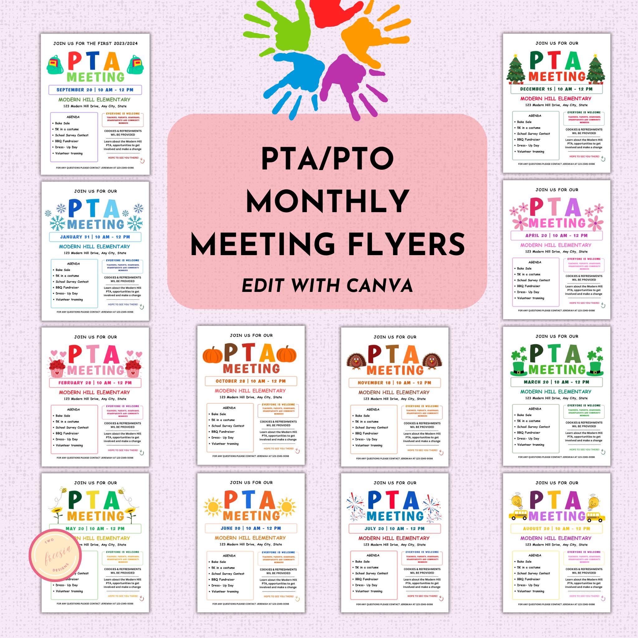 School PTA PTO Monthly Meetings Flyer Editable Template Bundle ...