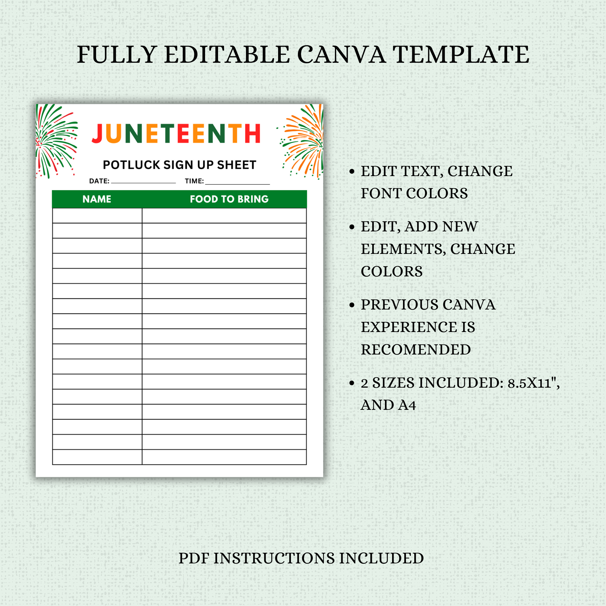 Juneteenth Potluck Sign Up Sheet | Editable Template – 2freesiadesigns
