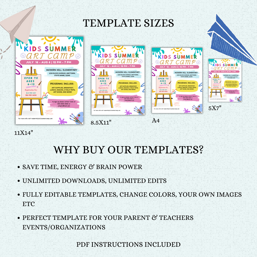 Editable Kids Summer Art Camp Flyer Template – 2freesiadesigns