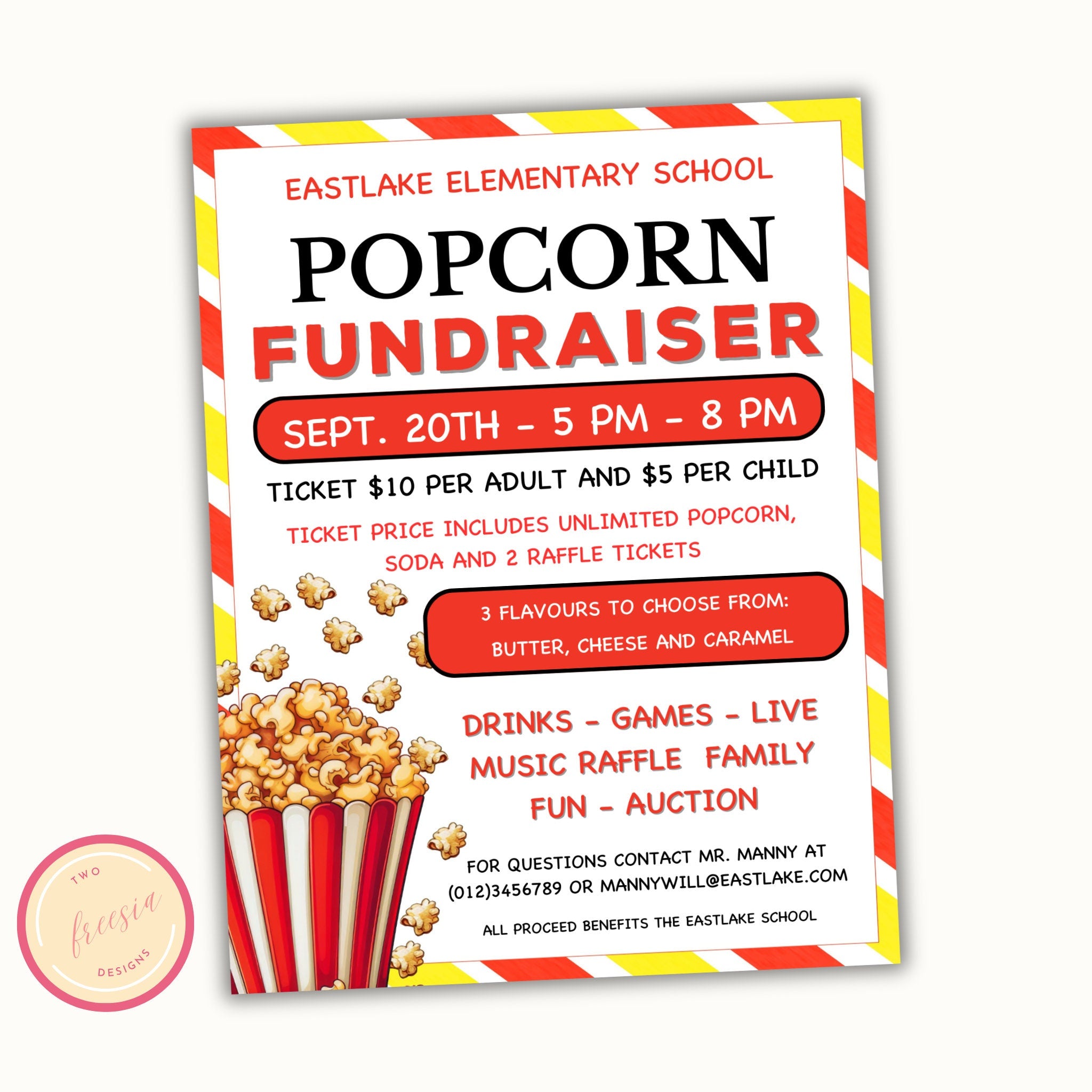 Editable Popcorn Fundraiser Flyer Template for PTA, PTO, School Event ...