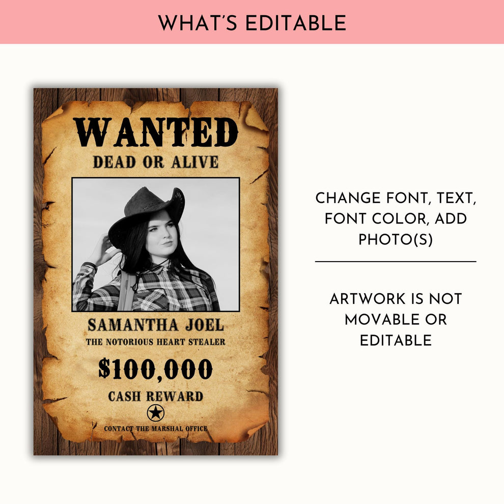 Editable Wanted Poster Template | Welcome Party Sign for Wild West ...