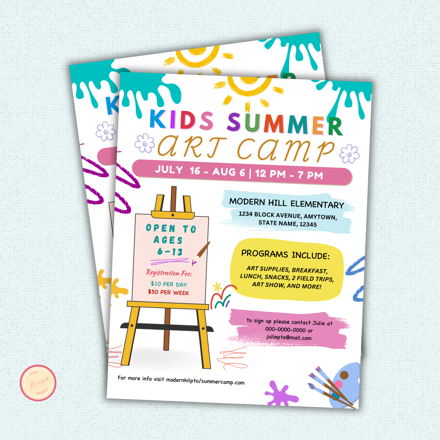 Editable Kids Summer Art Camp Flyer Template – 2freesiadesigns