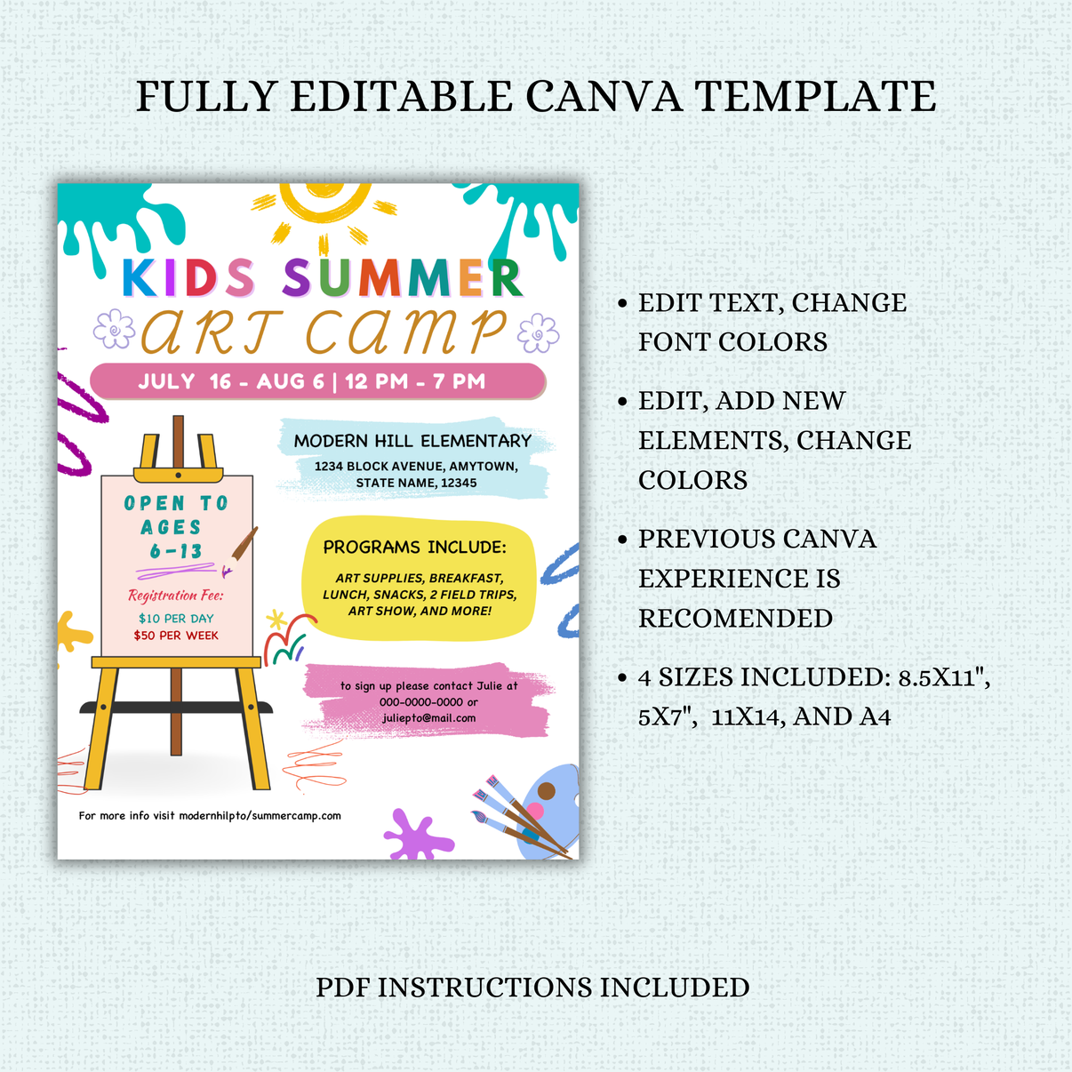 Editable Kids Summer Art Camp Flyer Template – 2freesiadesigns