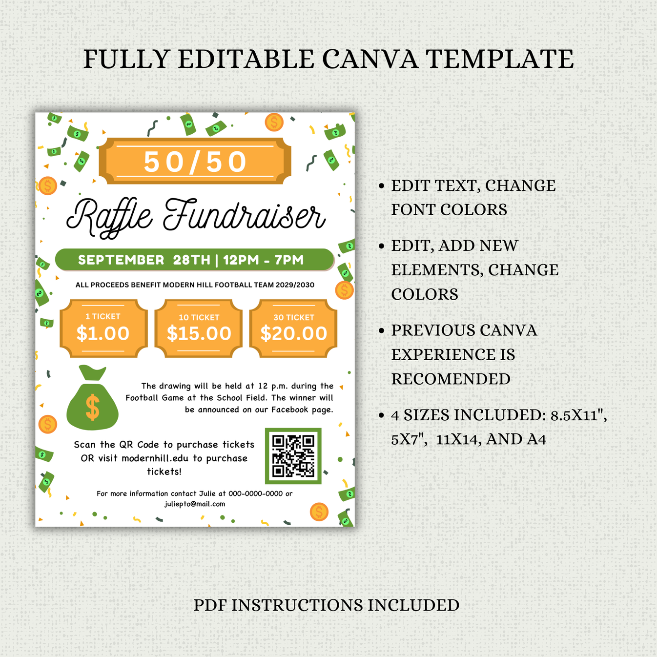 50/50 Raffle Fundraiser Flyer Editable Template | Split the Pot Flyer ...