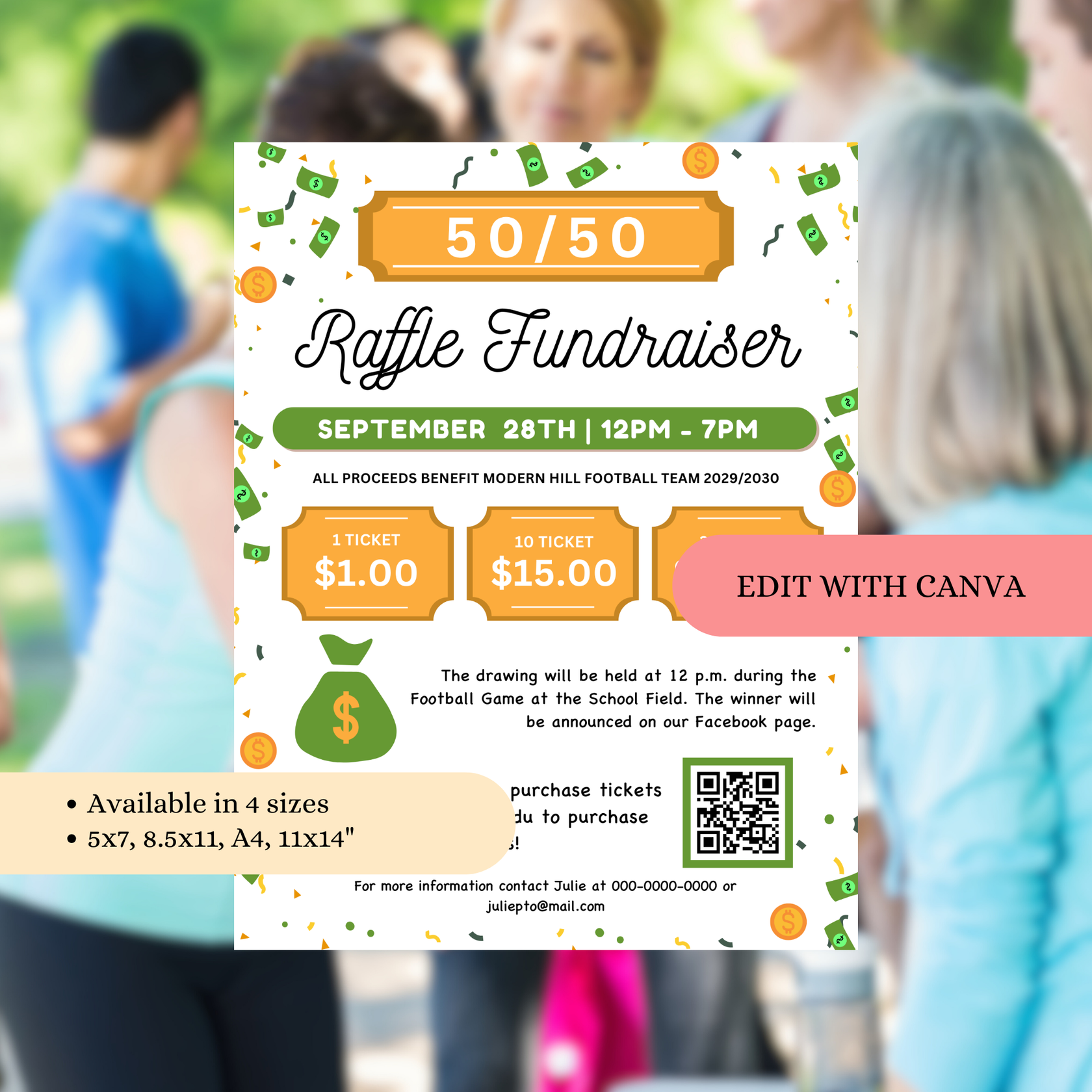 50/50 Raffle Fundraiser Flyer Editable Template | Split the Pot Flyer ...